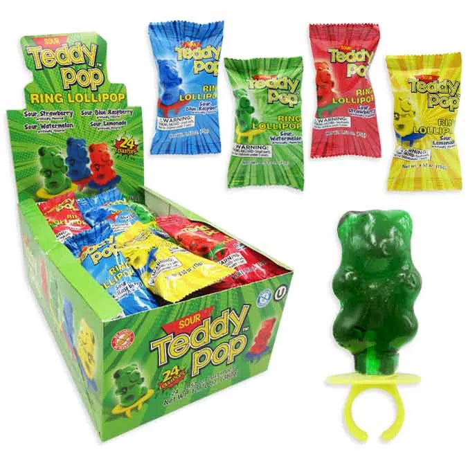 Teddy Pop Sour Lollipop Rings: 24-Piece Box – Candy Warehouse