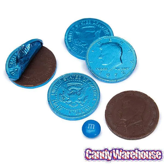Caribbean Blue Foiled Milk Chocolate Coins: 1LB Bag | Candy Warehouse