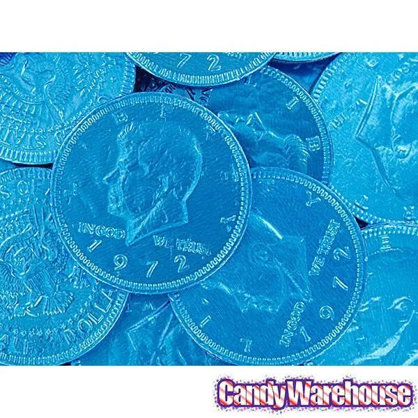 Caribbean Blue Foiled Milk Chocolate Coins: 1LB Bag | Candy Warehouse