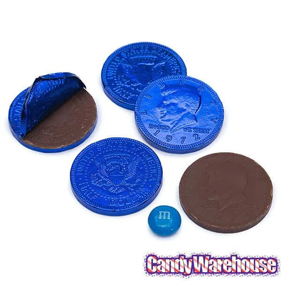 Dark Blue Foiled Milk Chocolate Coins: 1LB Bag | Candy Warehouse