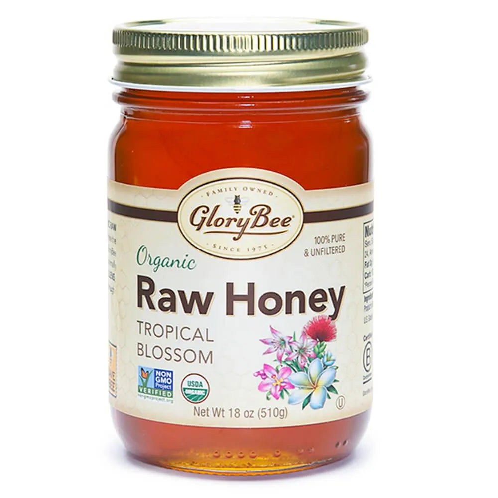 GloryBee Organic Tropical Blossom Raw Honey: 18-Ounce Jar | Candy Warehouse