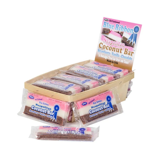 Neapolitan 3 Color Coconut Slice Candy Bars: 24-Piece Box | Candy Warehouse